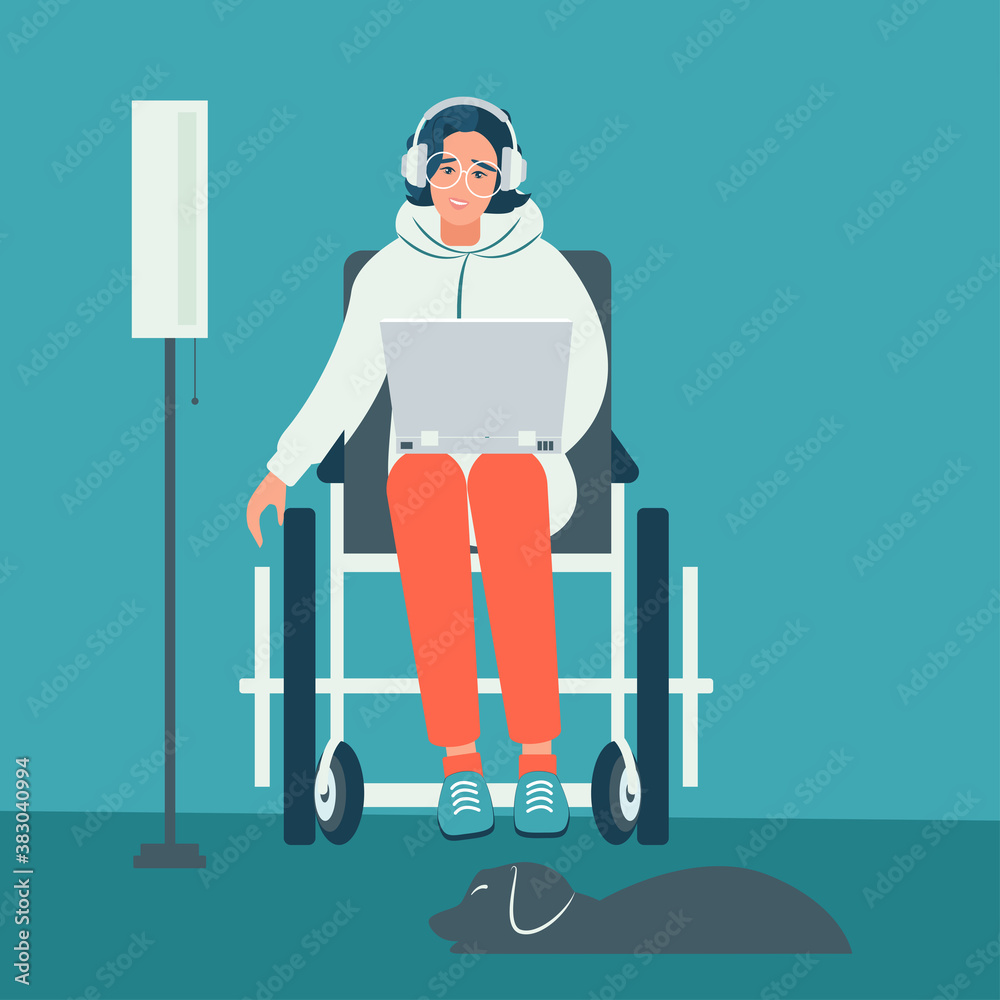 Disabled Person in Wheelchair Working on Computer Desk in Home Office ...