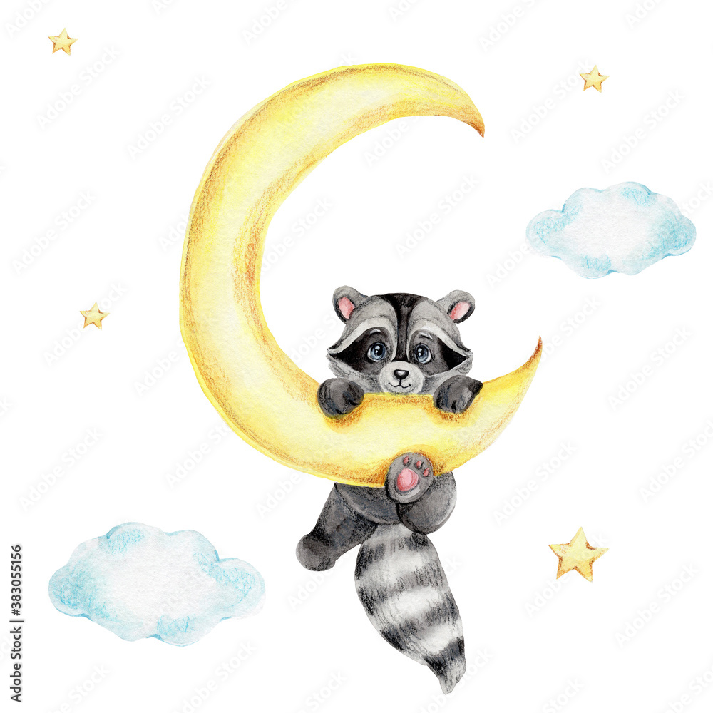 Cute cartoon raccoon on the yellow moon; watercolor and colored pencils ...