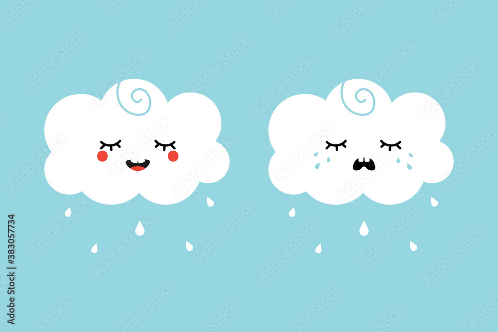 Two cute cartoon rainy cloud characters smiling and happy, sad and crying. Vector illustration ...