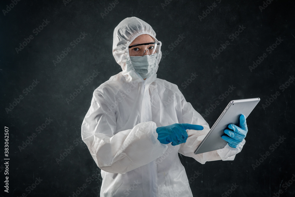 Professional cleaning staff with a To wear protective medical mask and ...