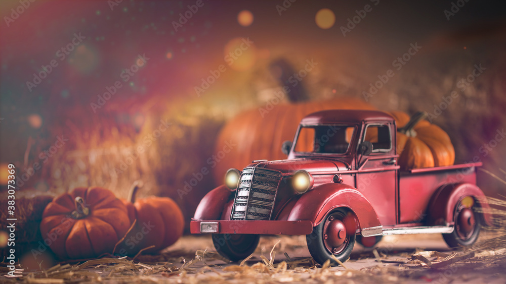 Autumn composition. Red pickup truck with pumpkin and straw bale. Farm ...