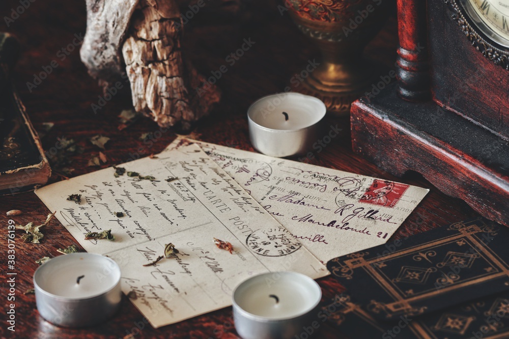 Close up of hand written letters to loved ones. Old vintage worn ...