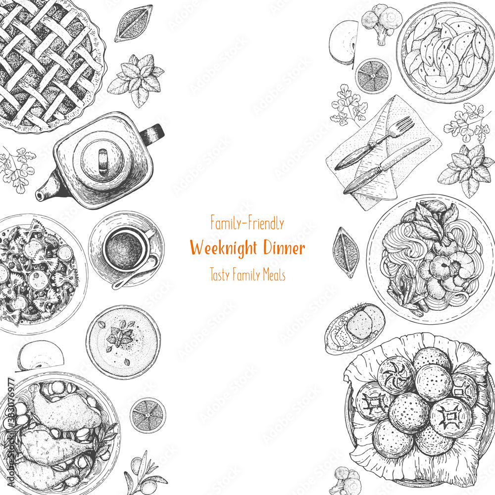Family dinner top view, vector illustration. Friendly dinner table ...
