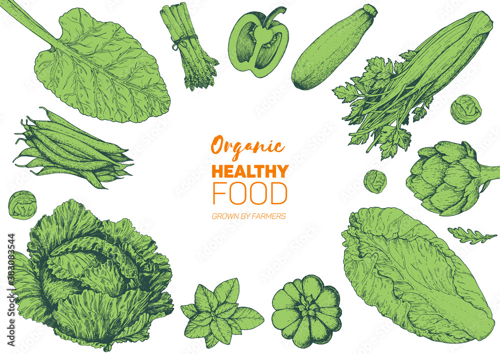 Vegetables top view frame. Farmers market menu design template. Organic ...