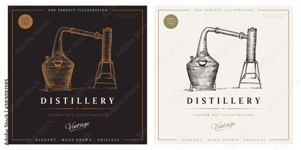 whiskey vintage logo distillery copper pot still decanter illustration ...