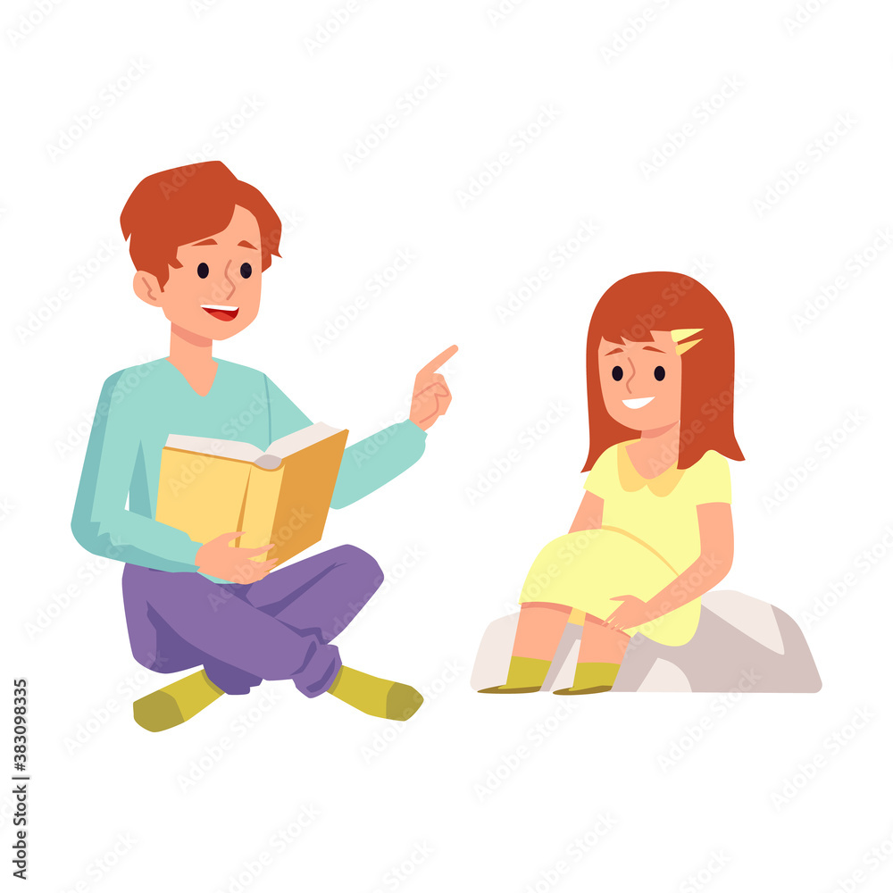 Brother reading book to his sister, flat cartoon vector illustration ...