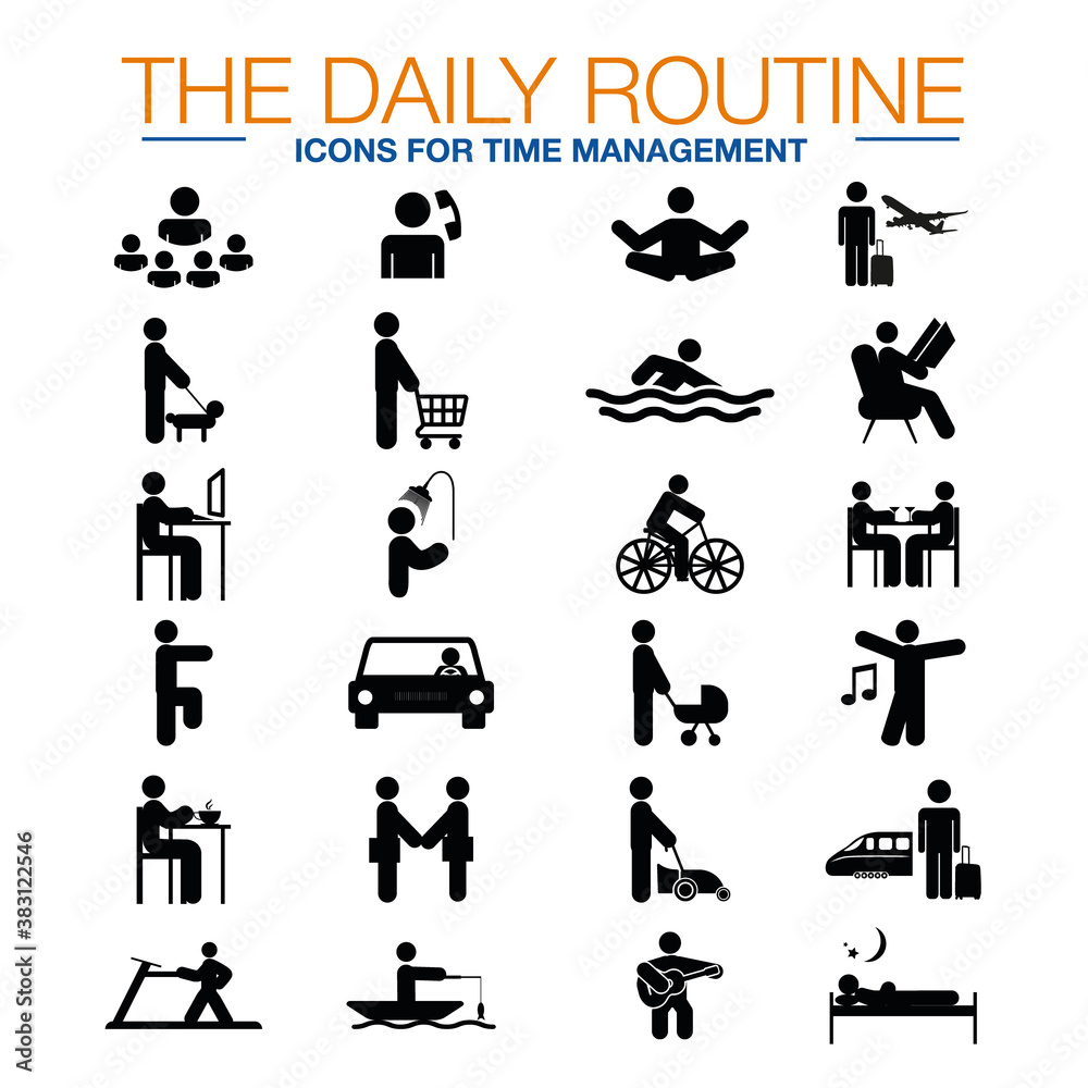 The Daily Routine icons for Time Management. Set of people with ...