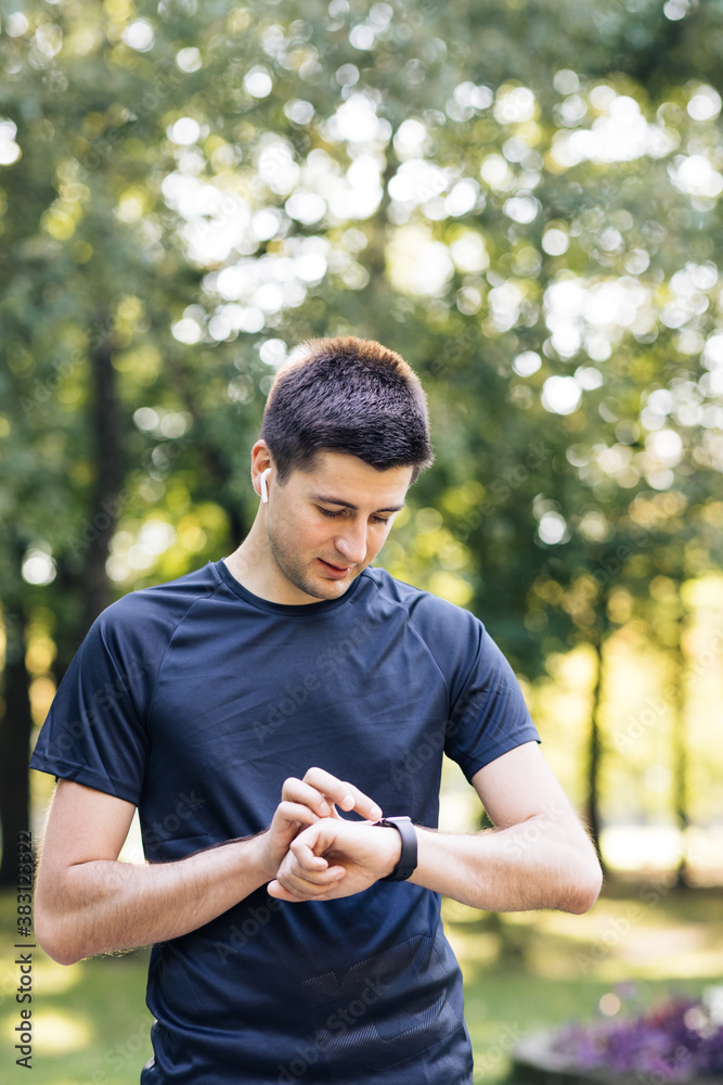 Businessman pointing hand smart watch using tapping touching man hands ...