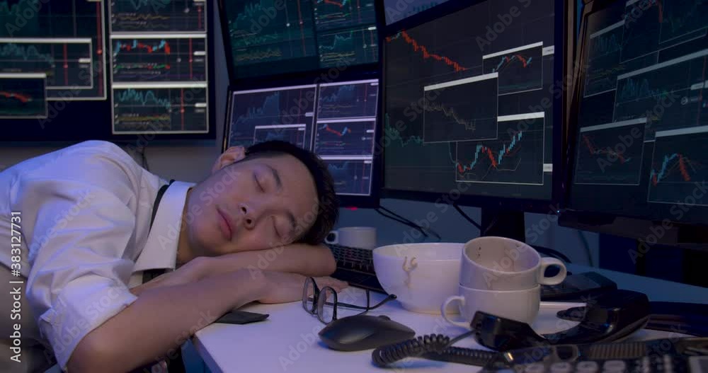 Vídeo do Stock: Exhausted overload asian business man falling asleep on ...