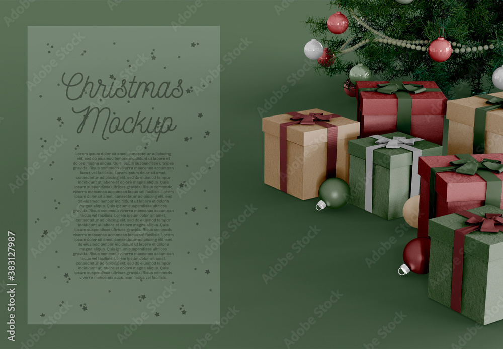 Gift Box, Christmas Tree and Holiday Ornaments with Background Mockup ...