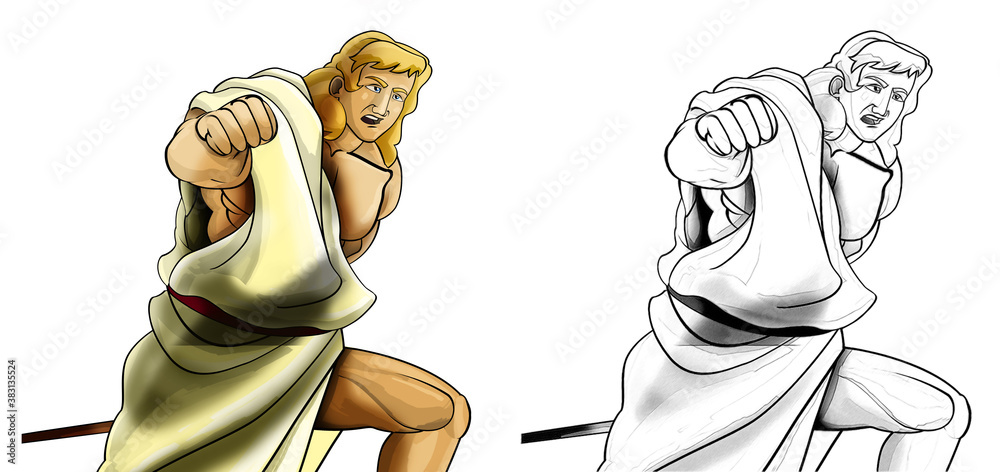 cartoon sketch scene with roman or greek ancient character warrior or ...