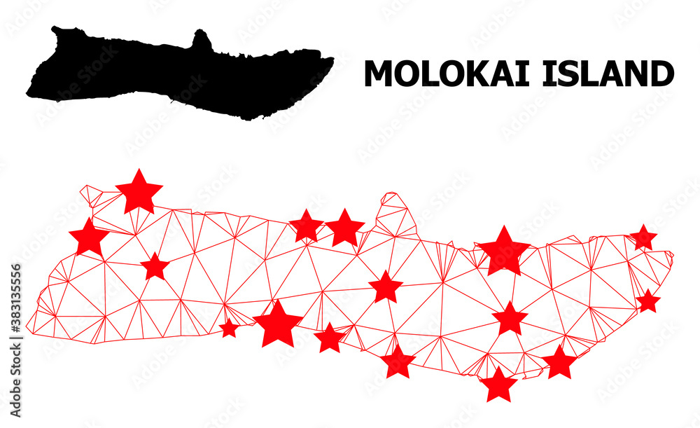 Carcass polygonal and solid map of Molokai Island. Vector structure is created from map of ...