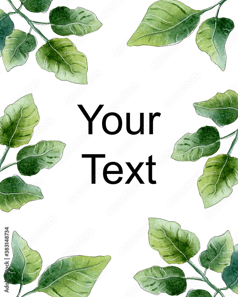 Watercolor green leaves template, summer background, eco friendly ...