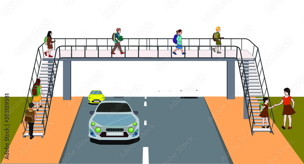 footbridge, overpass, children using pedestrian crossing. underpass. traffic education. traffic ...