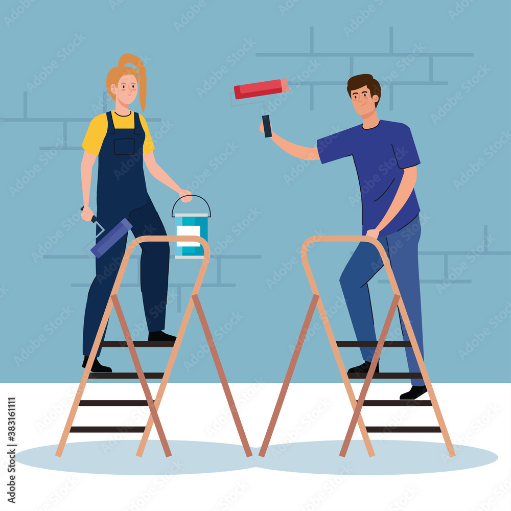 woman and man cartoons painting with roll bucket and ladder design of ...