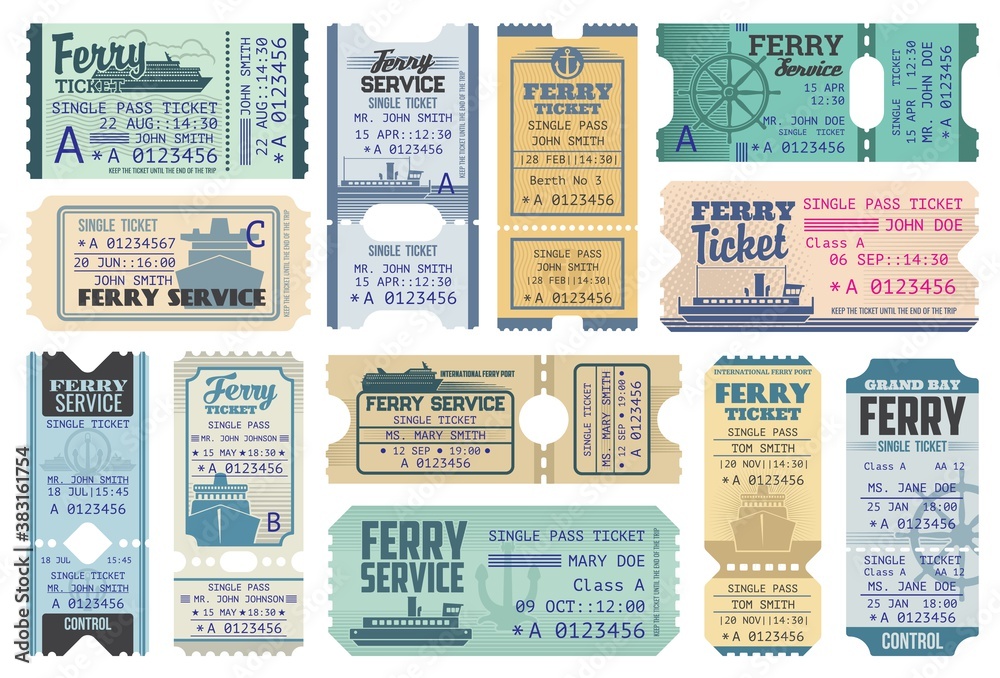 Ferry tickets for ocean and sea cruise, vector vintage cards for entry ...
