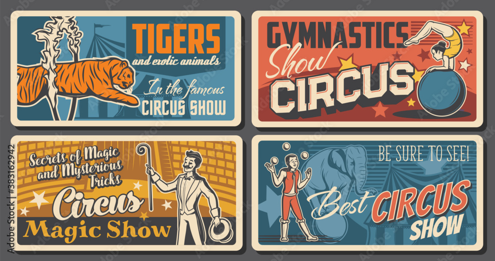 Circus artists and performers retro posters set. Acrobat balancing on ...