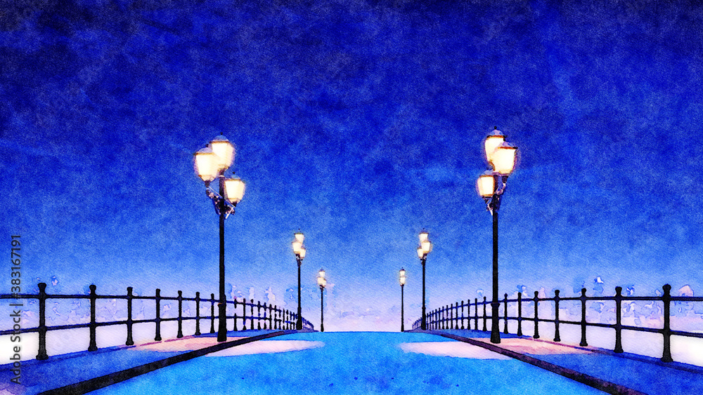 Decorative watercolor landscape with empty bridge and pavement walkway ...