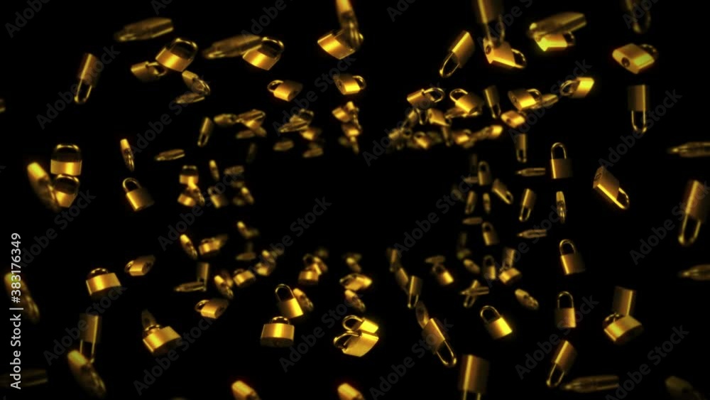 Flying many golden padlocks on black background. Security or secret ...