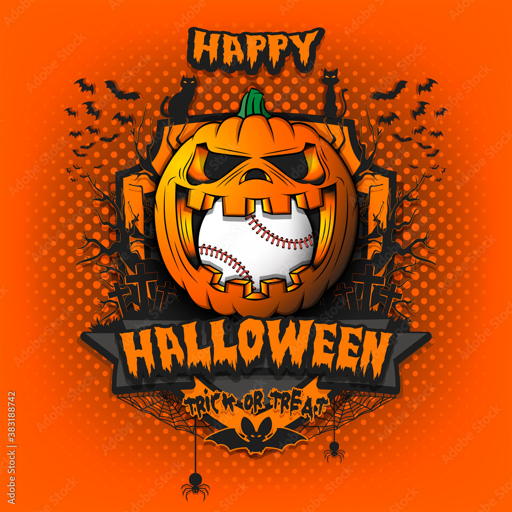 Happy Halloween. Baseball ball inside frightening pumpkin. Cats, bats ...