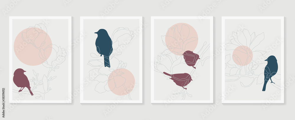 Botanical and birds wall art vector set. Earth tone boho foliage line ...