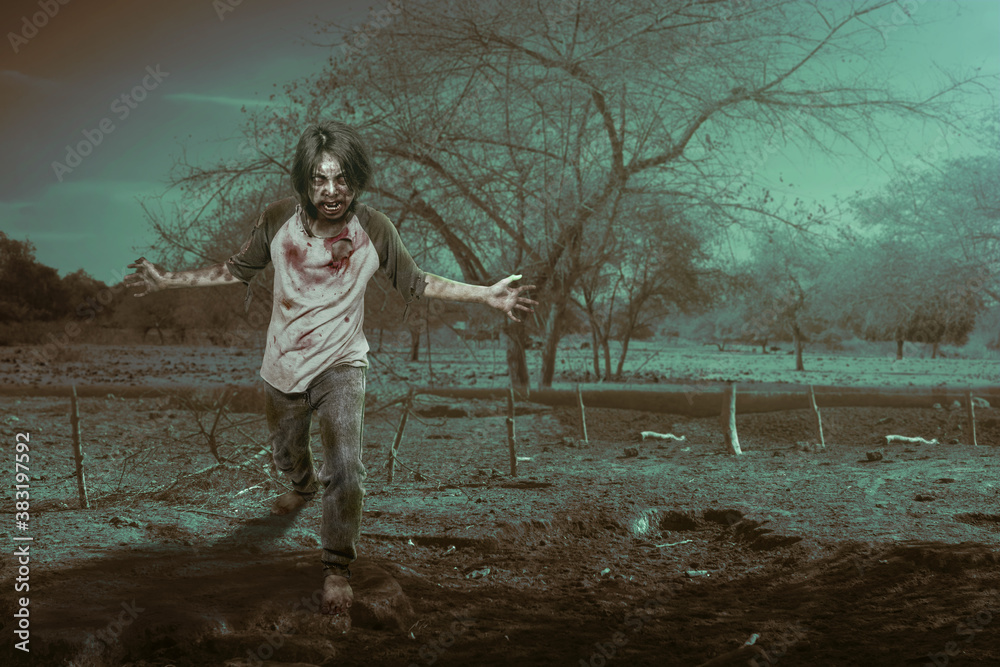 Scary zombie with blood and wound on his body walking Stock Photo ...