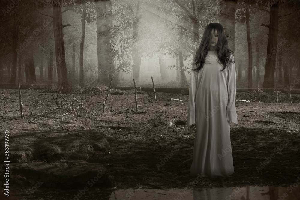 Scary ghost woman standing with haunted forest background Stock Photo ...