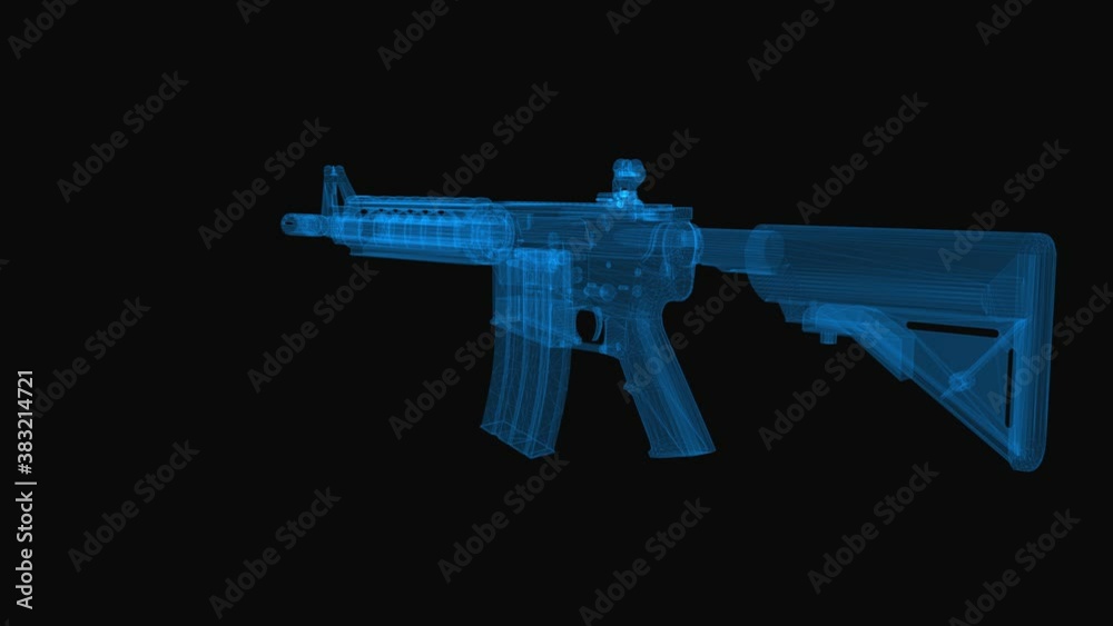 Machine gun wireframe scheme. 3d render with blue grid lines. Loop ...