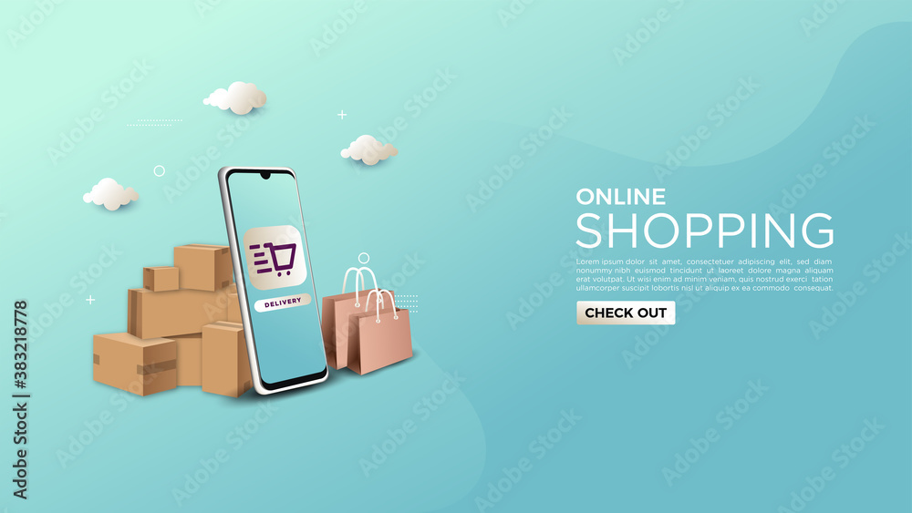 Online shopping background, illustrated with a mobile phone and a 3d ...