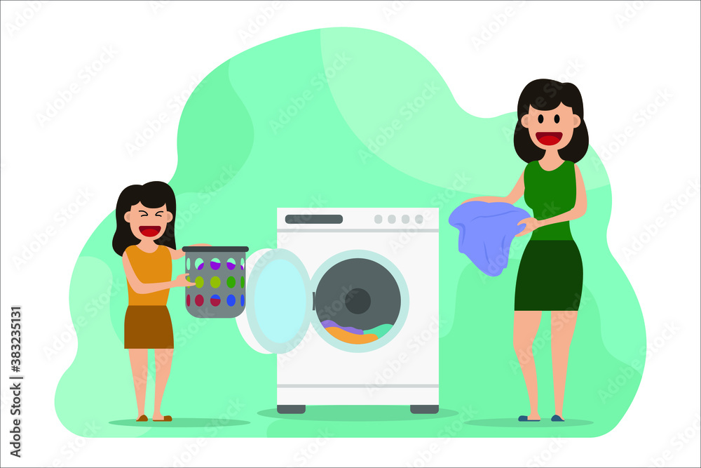 Housekeeping vector concept: Young mother and daughter washing clothes ...