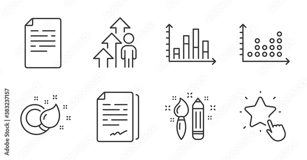 Employee result, Dot plot and Paint brush line icons set. Document ...
