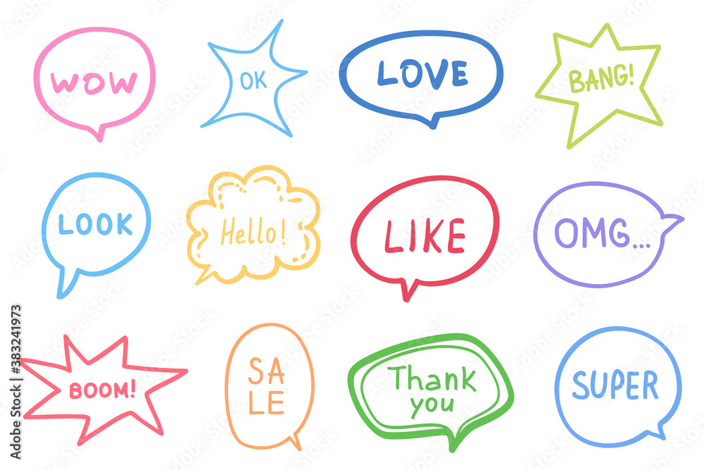 Speech bubble. Colored hand drawn speech bubbles with various useful ...