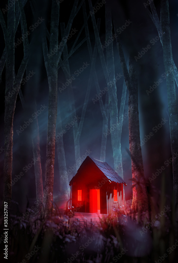 A creepy cabin in the woods, with a red light glowing through the door ...
