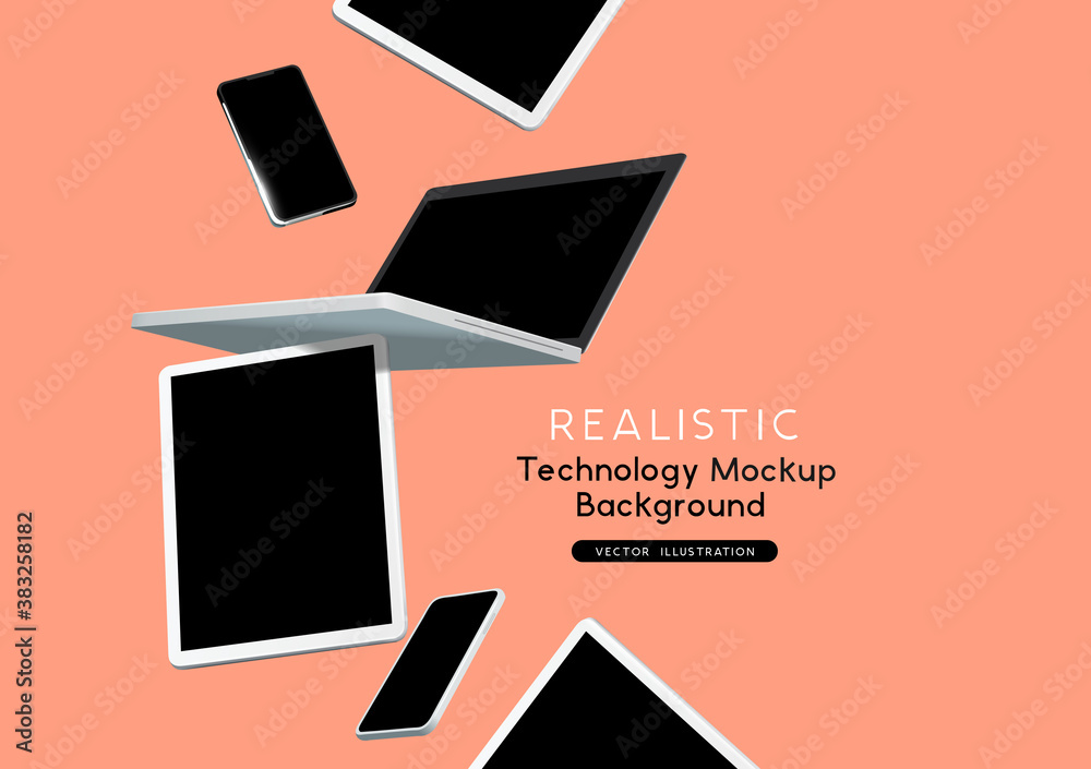 Modern technology mockup with falling communication devices including a ...