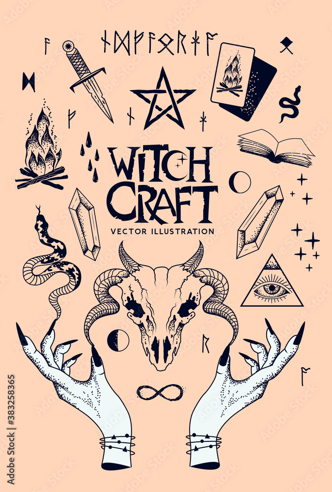 Witchcraft traditional objects of the occult including snakes, casting ...