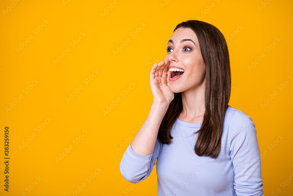 Profile side photo of surprised shocked crazy girl scream incredible ...