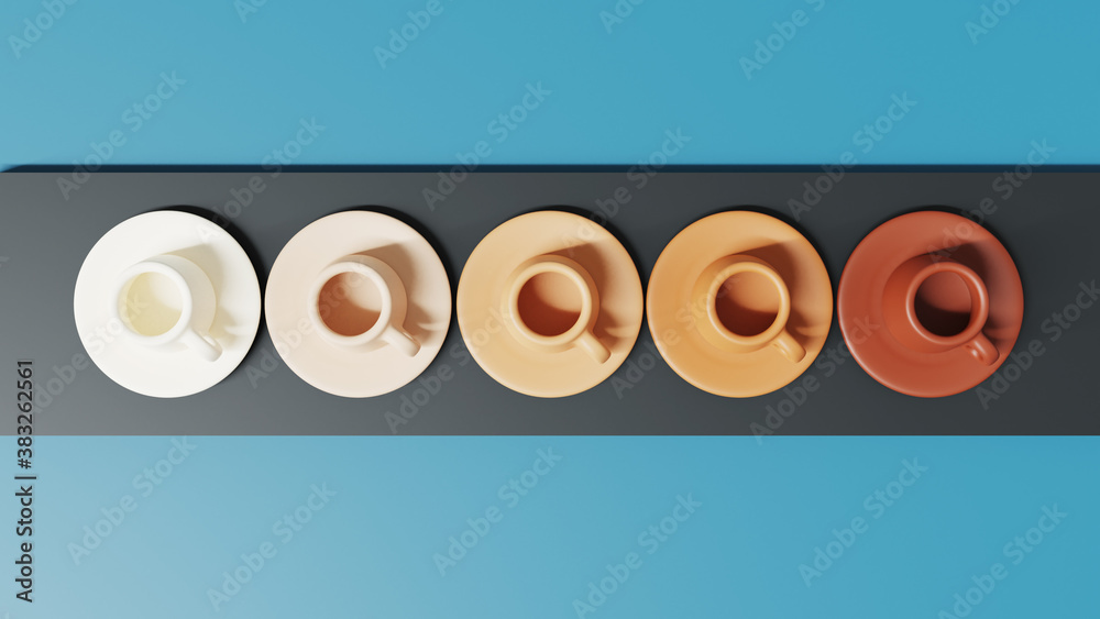 five cups of coffee isolated top view on blue background.,3d illustrate ...