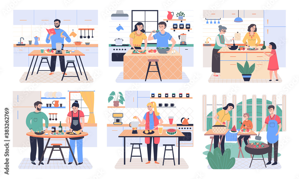 People cooking vegetarian food. Set of illustrations for healthy ...