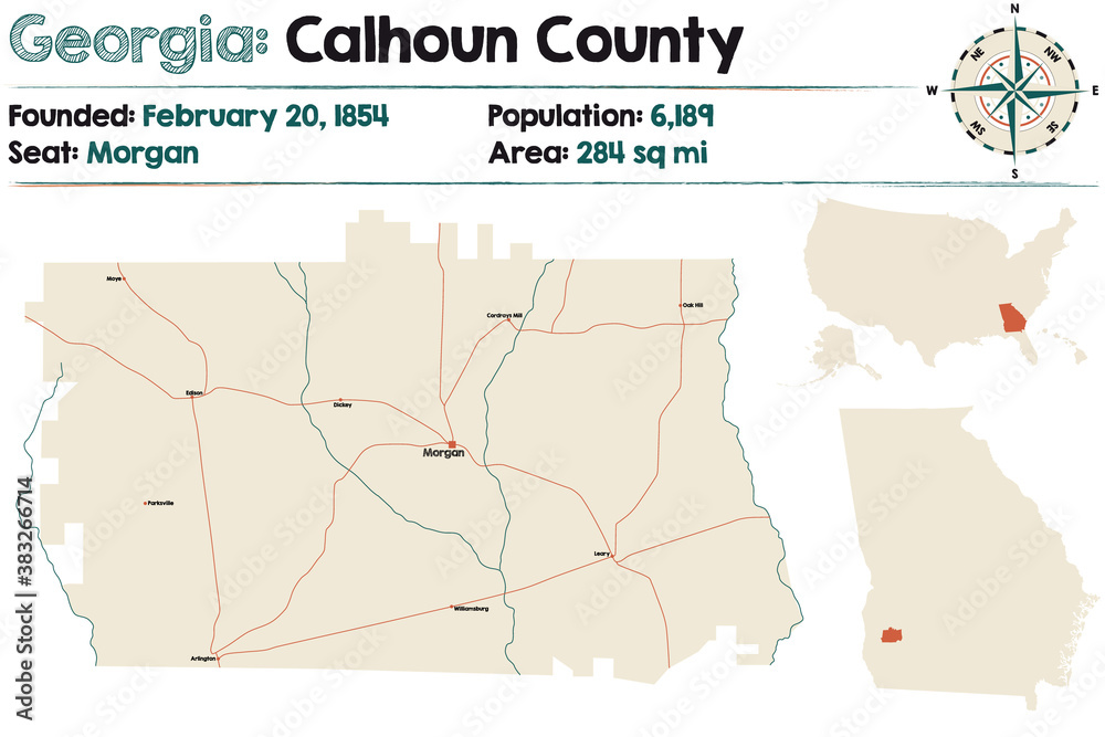 Large and detailed map of Calhoun county in Georgia, USA. Stock Vector ...