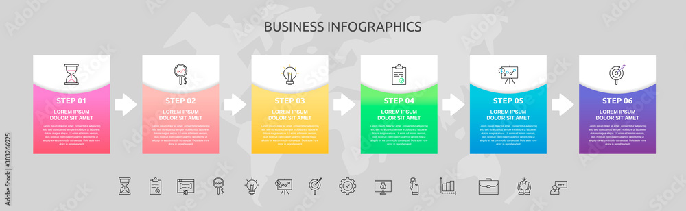 Infographics rectangle with six steps, arrows. Vector template used for ...