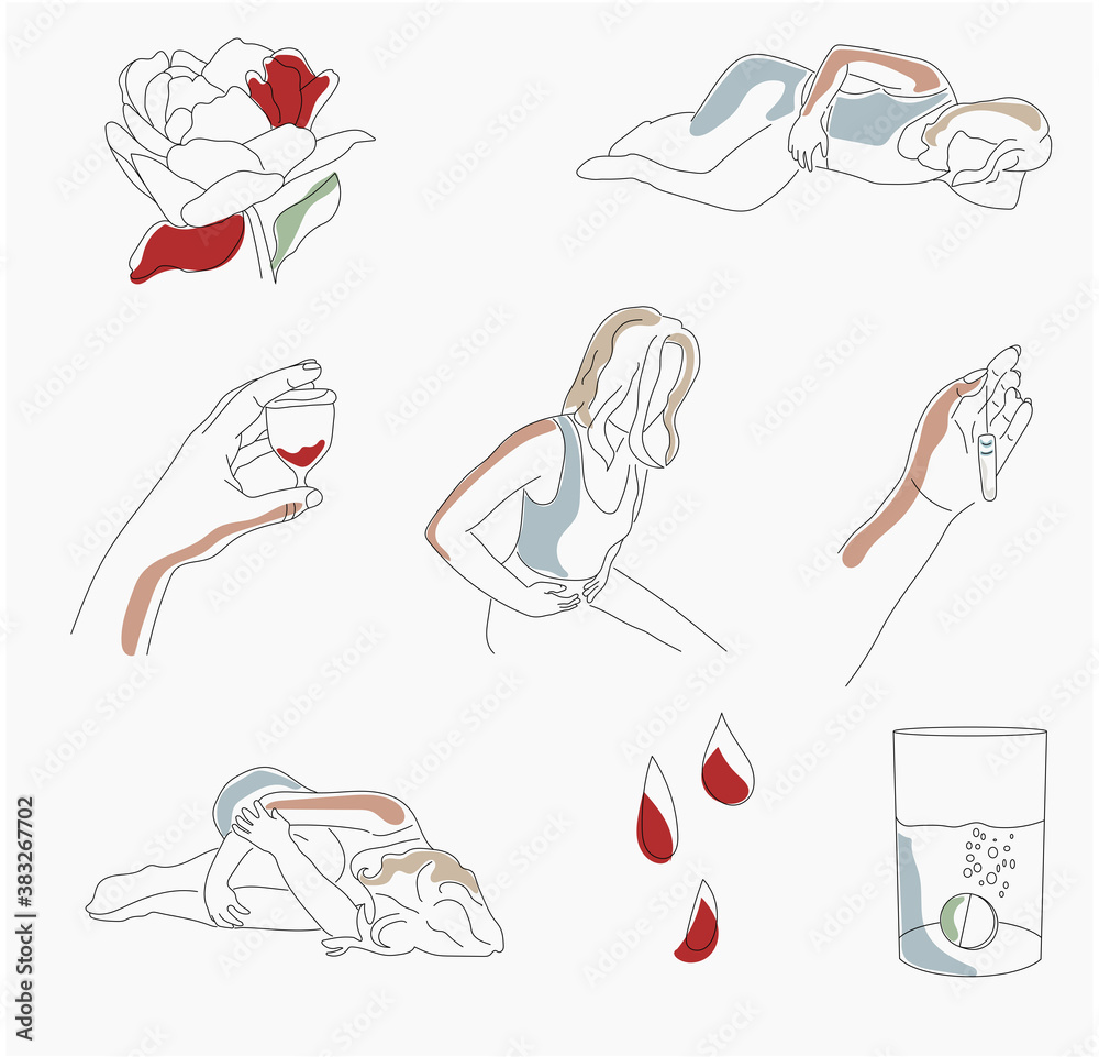 Black and white sketch icons on the theme of menstruation and menstrual ...