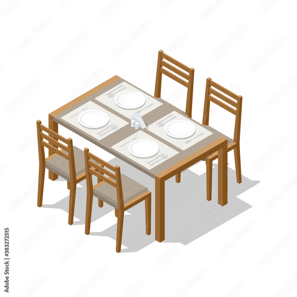 Isometric dining wooden table with four chairs isolated on white ...