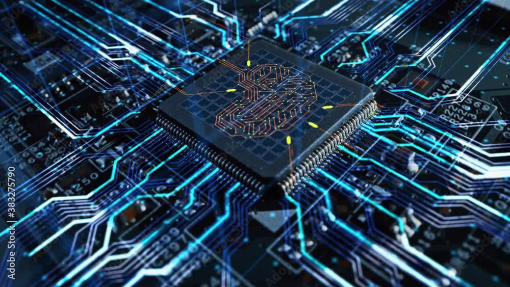 Futuristic High-Tech Concept Visualization: Circuit Board CPU Processor Microchip Starting ...