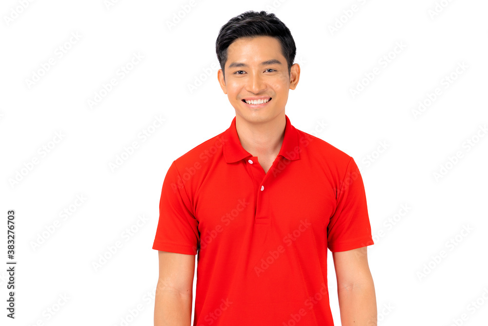 T-shirt design, Young man in Red shirt on white background Stock Photo ...