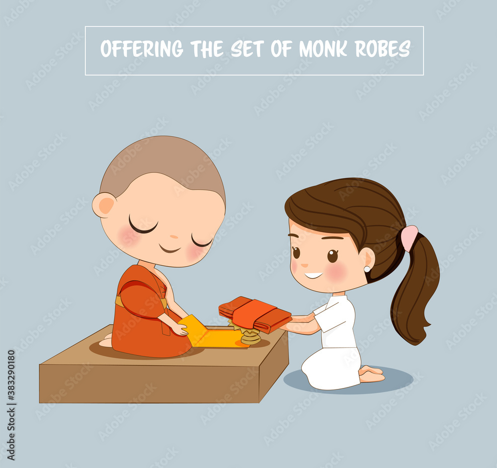 Cute girl in white dress offering the set of monk robes cartoon Stock ...