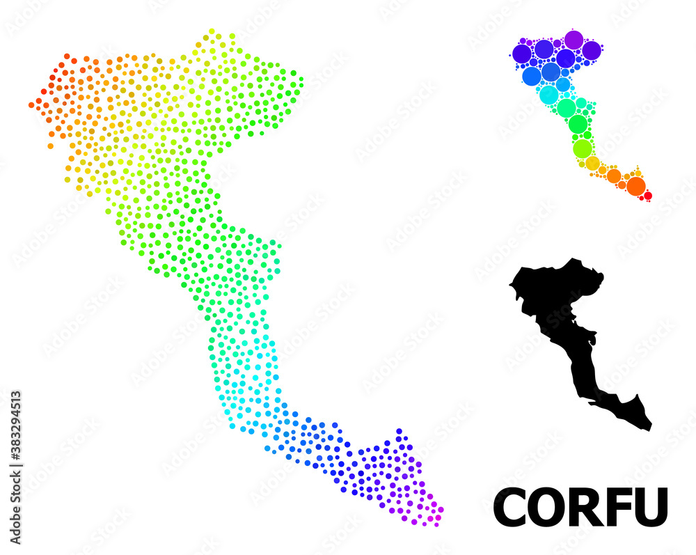 Pixelated rainbow gradient, and solid map of Corfu Island, and black ...