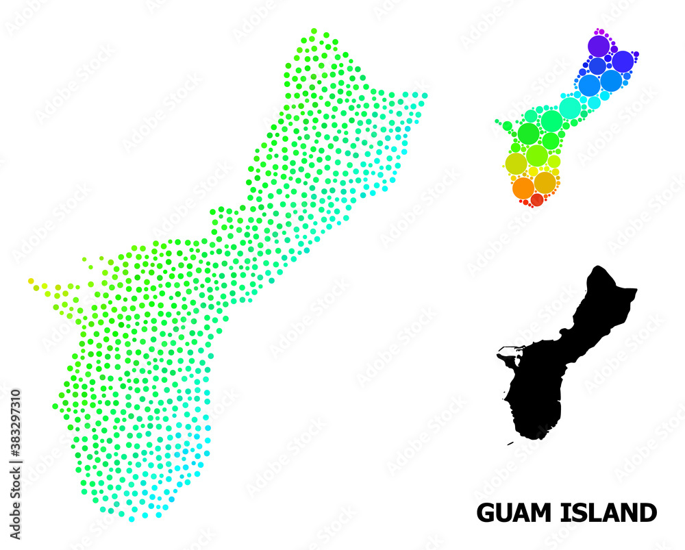 Pixelated spectral, and monochrome map of Guam Island, and black title ...
