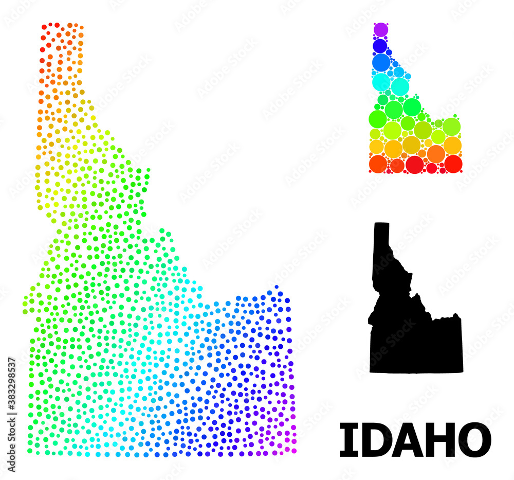 Pixel spectrum, and solid map of Idaho State, and black title. Vector ...