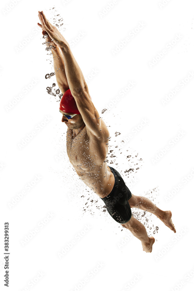 To top. Caucasian professional sportsman, swimmer training isolated on ...