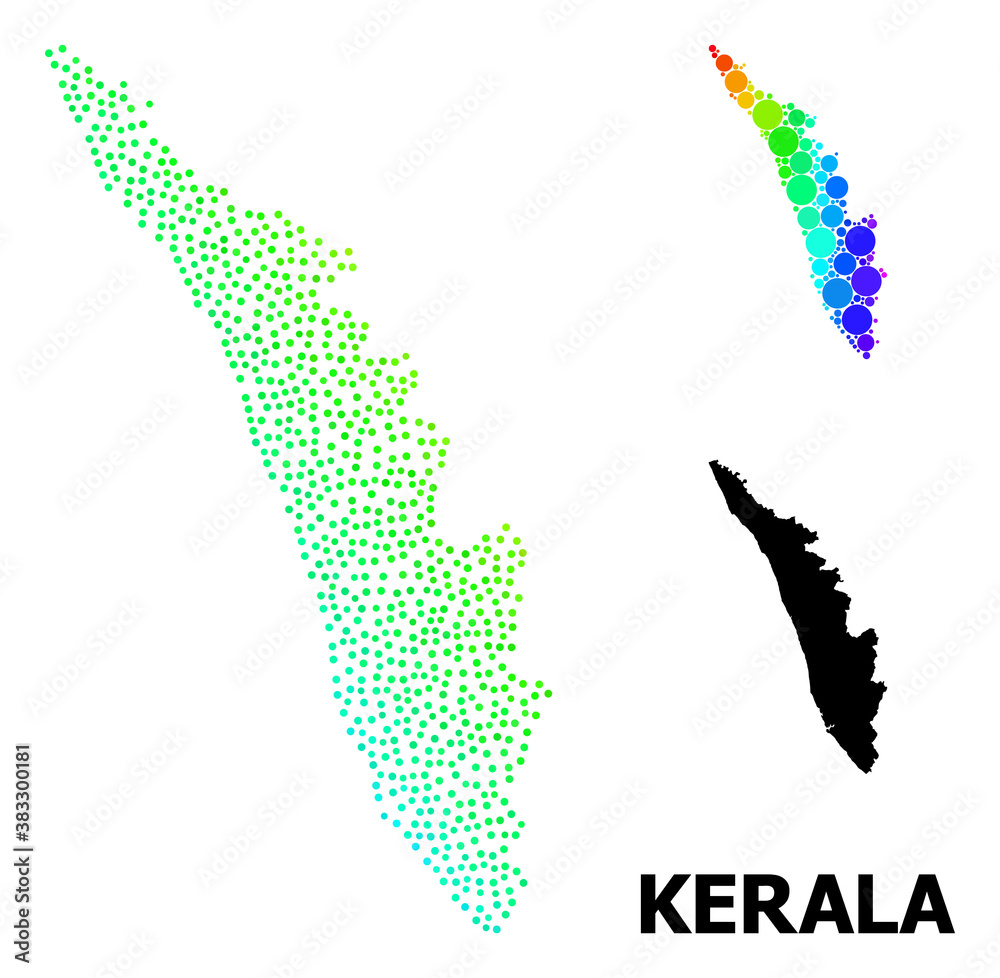 Dotted spectral, and monochrome map of Kerala State, and black title ...